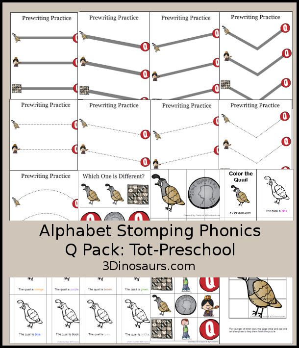 Free Alphabet Stomping Phonics Q Tot-Preschool Pack | 3 Dinosaurs