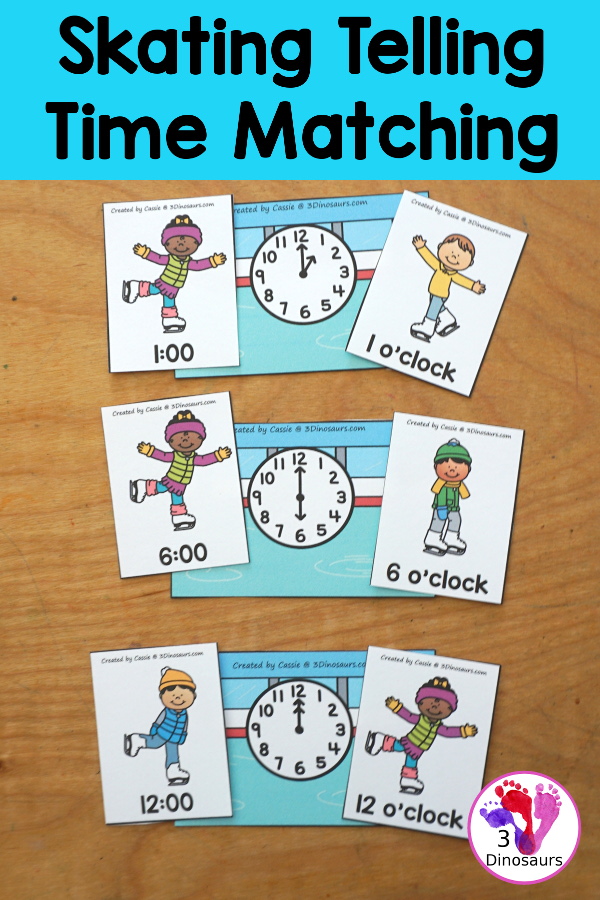 Free Skating Telling Time Matching Printable – 3 Dinosaurs