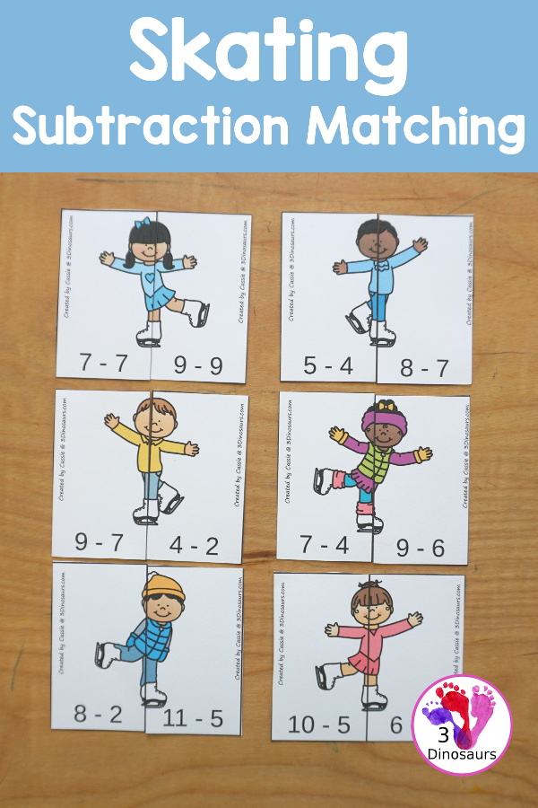Free Skating Subtraction Matching Printable – 3 Dinosaurs