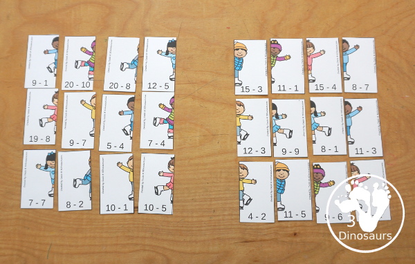 Free Skating Subtraction Matching Printable – 3 Dinosaurs