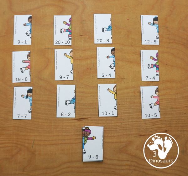 Free Skating Subtraction Matching Printable – 3 Dinosaurs