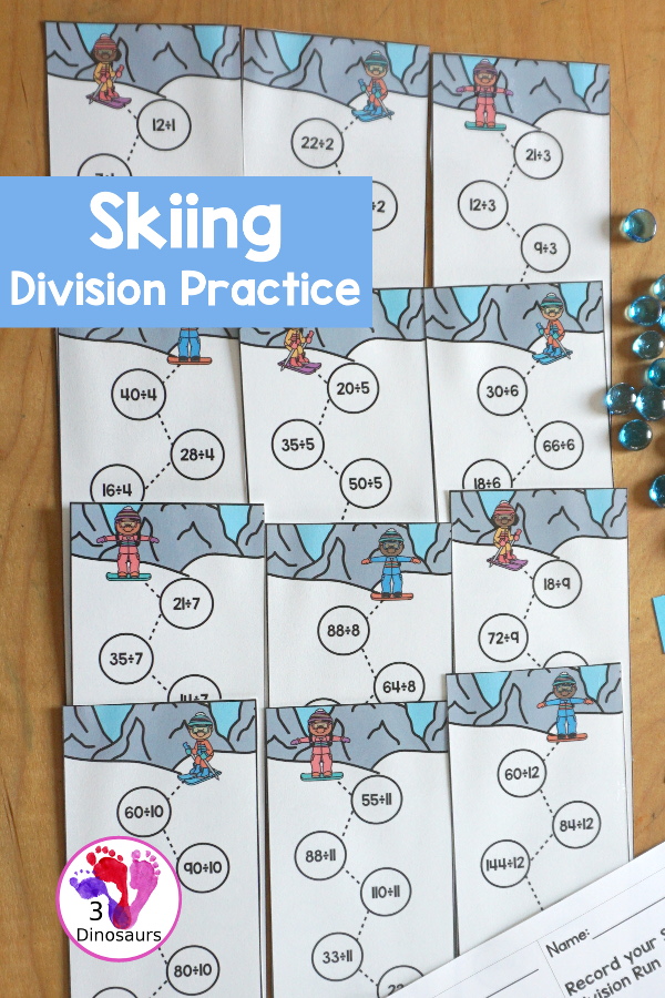 Free Skiing Division Practice Printable – 3 Dinosaurs