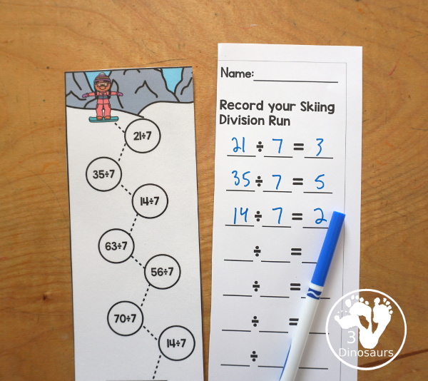 Free Skiing Division Practice Printable – 3 Dinosaurs