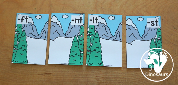 Free Skiing Ending T Blends Sorting Printable with CVCC Words – 3 Dinosaurs