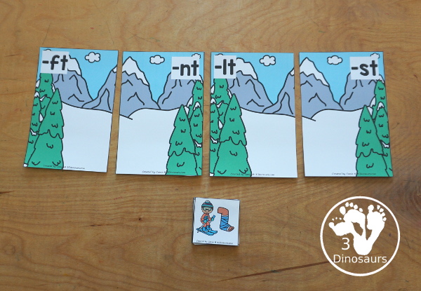 Free Skiing Ending T Blends Sorting Printable with CVCC Words – 3 Dinosaurs