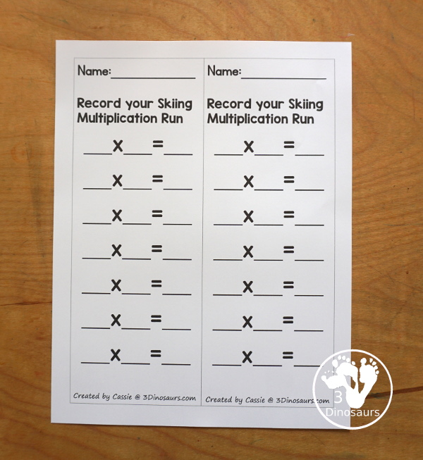 Free Skiing Multiplication Practice Printable – 3 Dinosaurs
