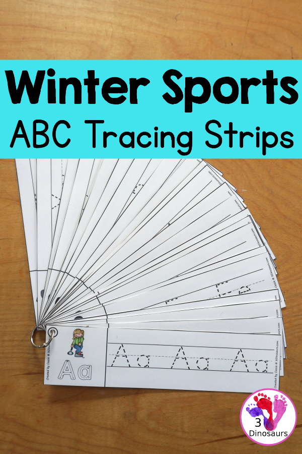 Free Winter Sports ABC Tracing Strip Printable – 3 Dinosaurs