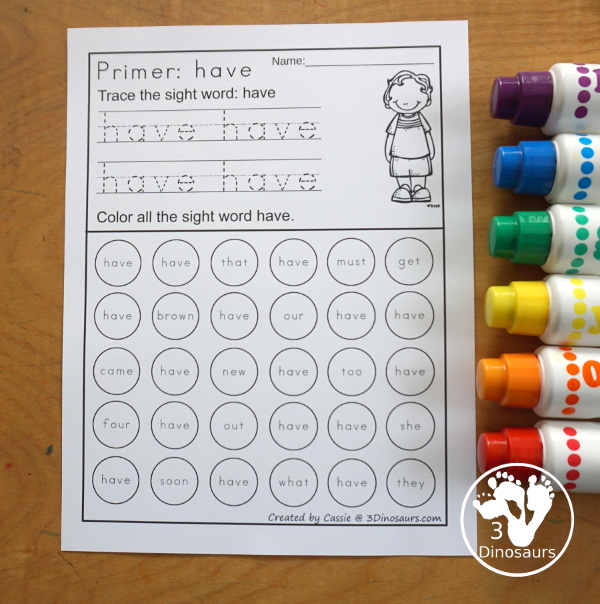 Free Primer Sight Word Trace & Find the Word Printable – 3 Dinosaurs