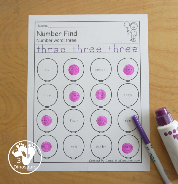 Balloon Number Find Printable – Numbers 0 to 20 | 3 Dinosaurs