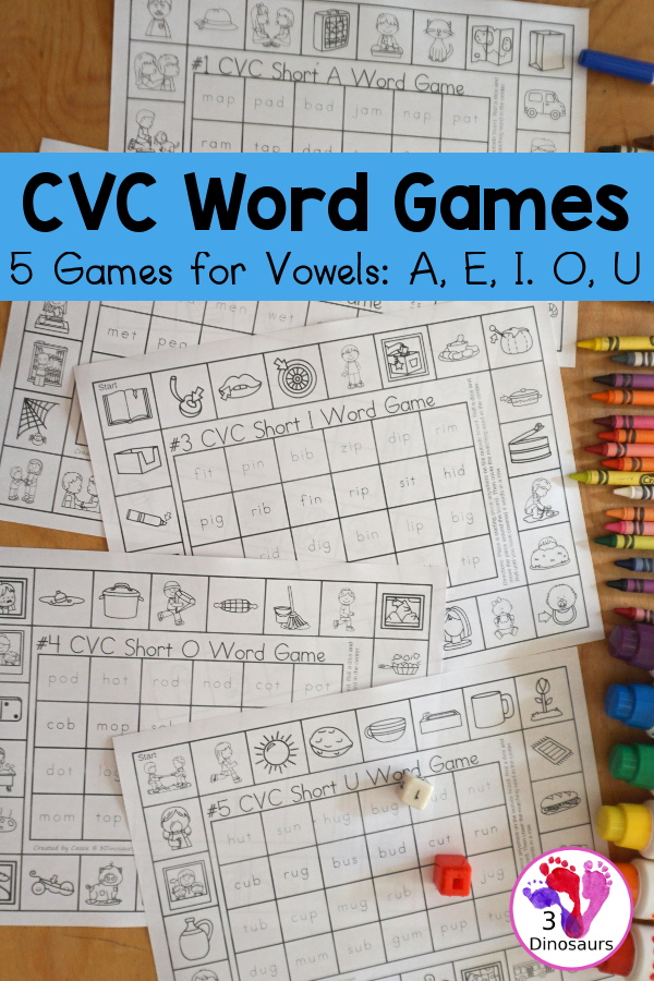 Free CVC Word Game for Kids – 5 Short Vowel Games – 3 Dinosaurs