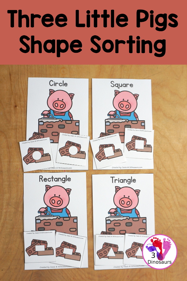 Free Three Little Pigs Shape Sorting Printable – 3 Dinosaurs