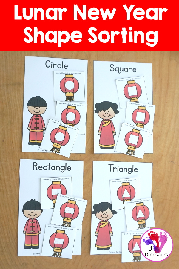 Free Lunar New Year Shape Sorting Printable – 3 Dinosaurs