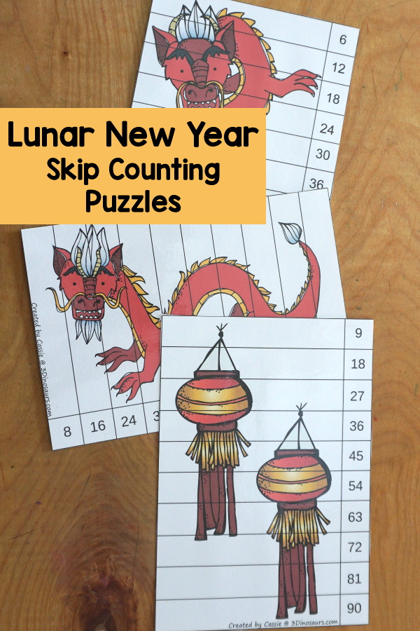 Free Lunar New Year Skip Counting Puzzles by 6, 8, & 9 – 3 Dinosaurs