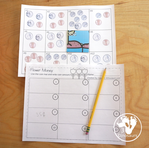 Free Spring Themed Money Puzzle with Adding Coins | 3 Dinosaurs