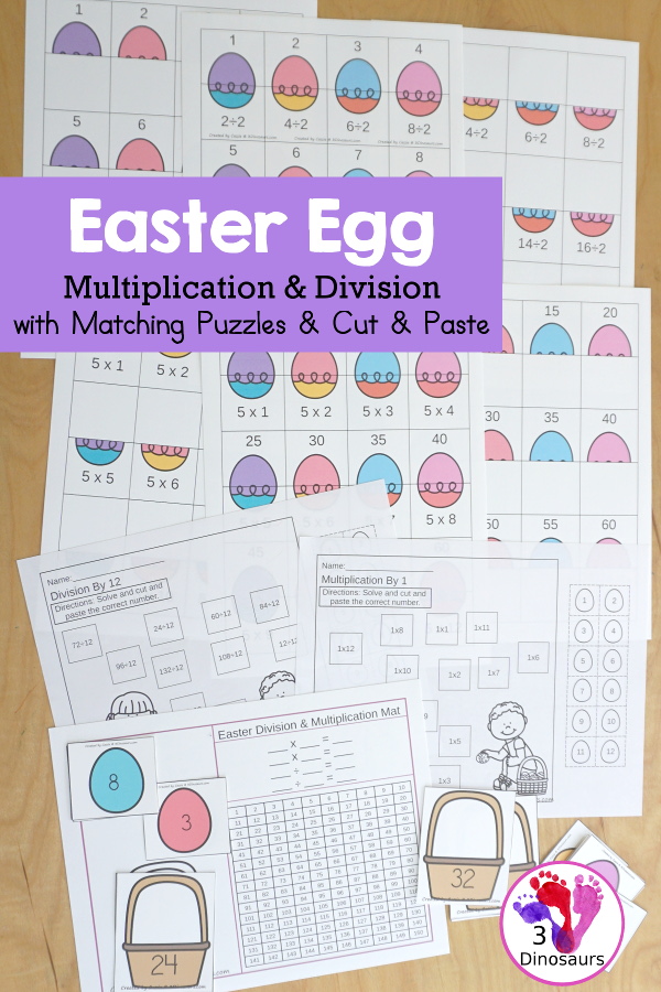Easter Multiplication & Division: Cut & Paste & Puzzles – 3 Dinosaurs