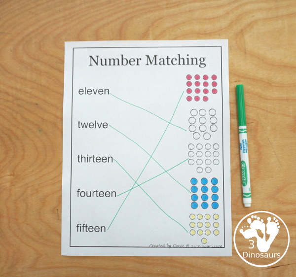 Free Number 1 to 20 Matching Worksheets with Pictures – 3 Dinosaurs