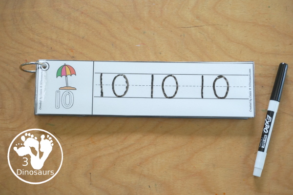 Free Beach Number Tracing Strips Printables: Numbers 0 to 20 – 3 Dinosaurs