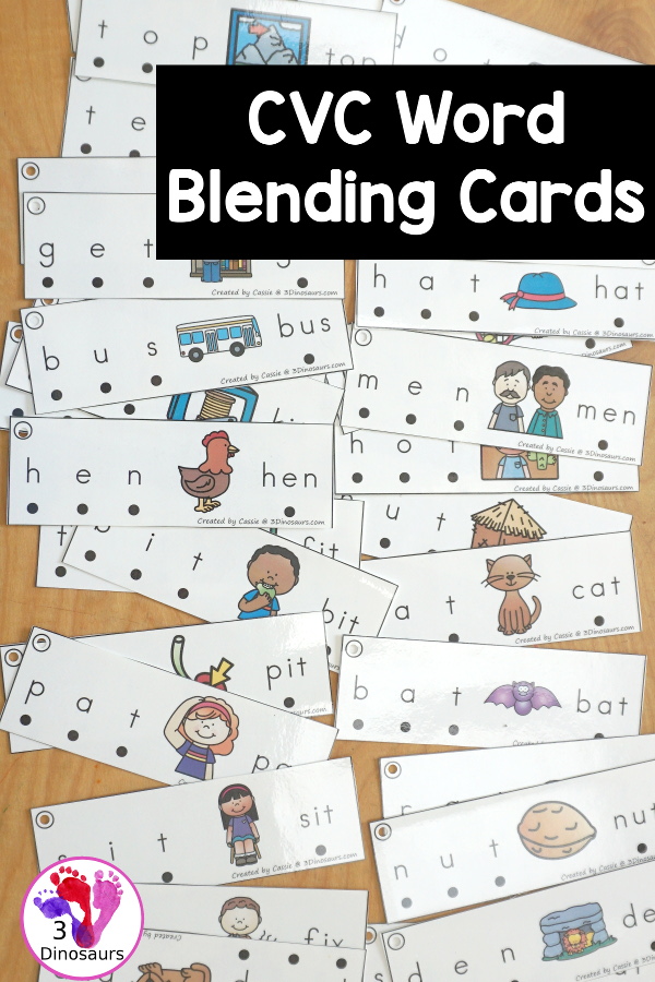 CVC Blending Cards For Kids – Sounding Out CVC Words – 3 Dinosaurs