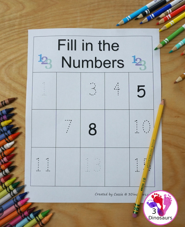 Free Fill in the Missing Number Charts 1 to 15 – 3 Dinosaurs