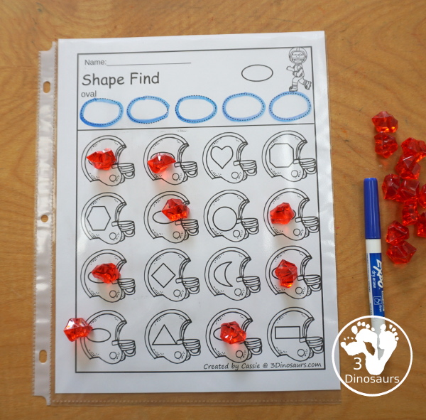 Football Shape Find Printable for 11 Shapes – 3 Dinosaurs