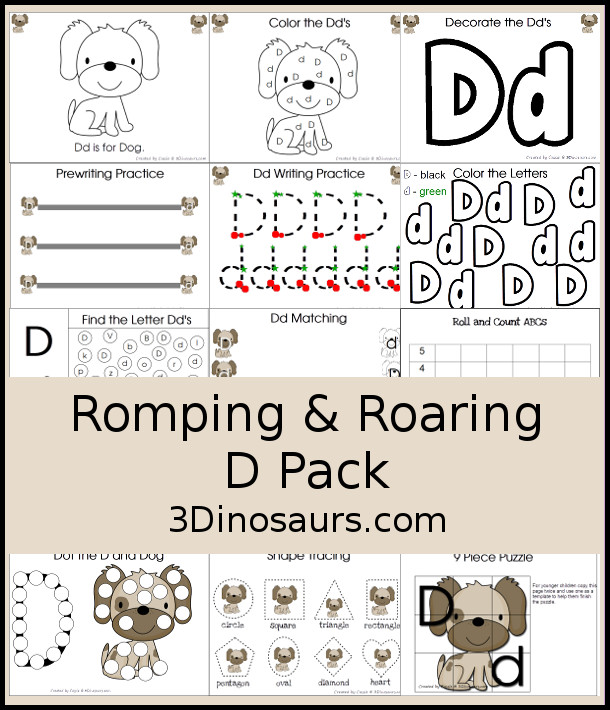Free Romping & Roaring D Pack: Letter D is for Dog – 3 Dinosaurs