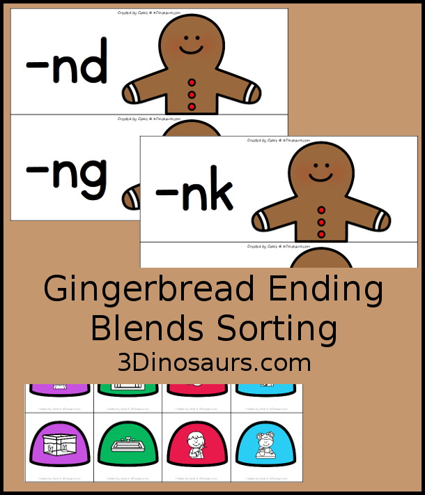 Free Gingerbread Ending Blends Sorting: -ND, -NG, -NK &- NT – 3 Dinosaurs