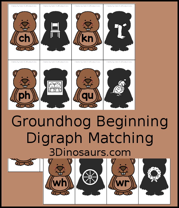 Free Groundhog Beginning Digraph Matching Printable – 3 Dinosaurs