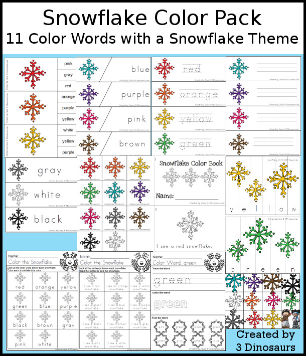 Snowflake Color Pack for PreK & Kindergarten | 3 Dinosaurs
