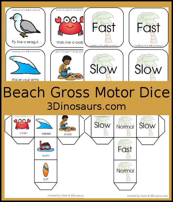 Beach Themed Gross Motor Dice For Summer Fun – 3 Dinosaurs
