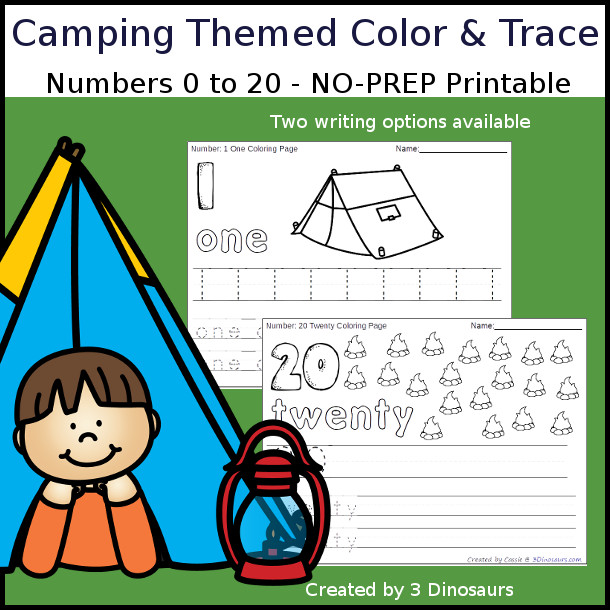 Easy No Prep Summer Themed Number Color and Trace | 3 Dinosaurs
