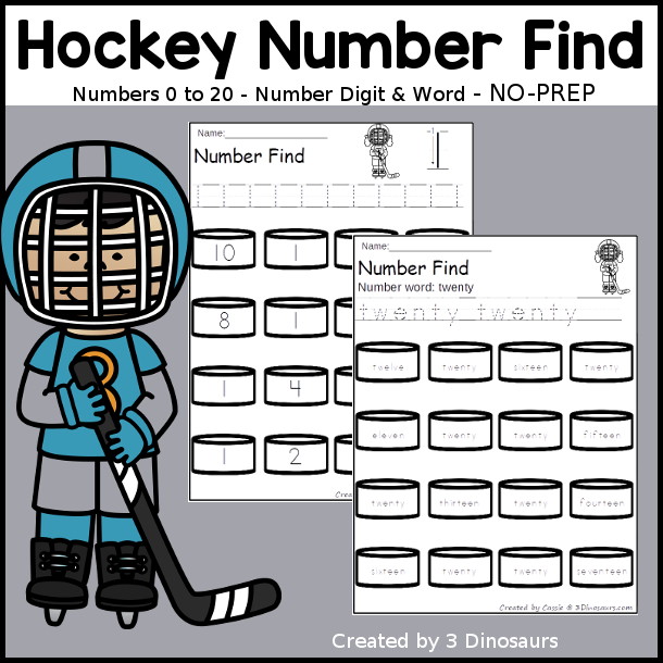 Free Hockey Number Sense Matching Printables – 3 Dinosaurs