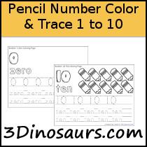 3 Dinosaurs - Pencil Number Color & Trace 1 to 10