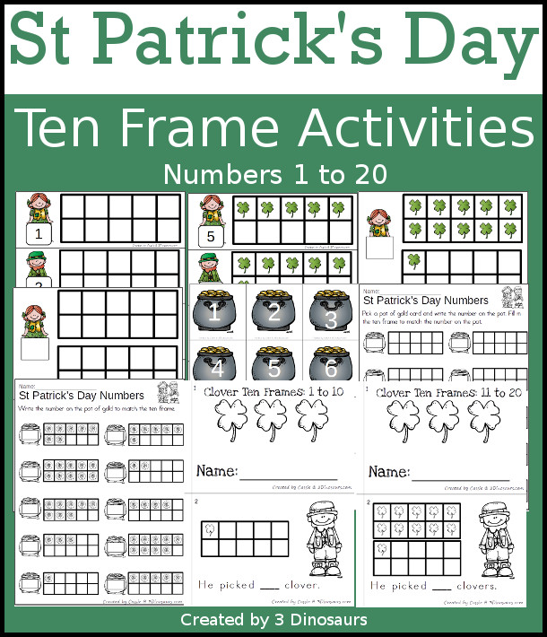 Great Hands-On St Patrick’s Day Ten Frame Cards – 3 Dinosaurs