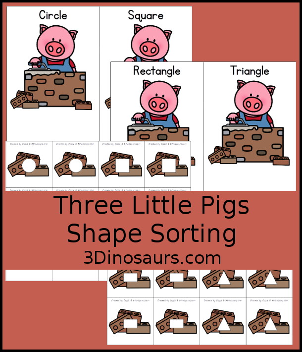 Free Three Little Pigs Shape Sorting Printable – 3 Dinosaurs