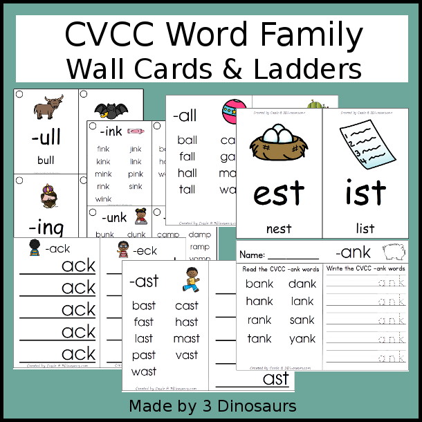 Free CVCC Word Family Wall Cards 3 Dinosaurs Free CVCC Word Family Wall Cards 3 Dinosaurs