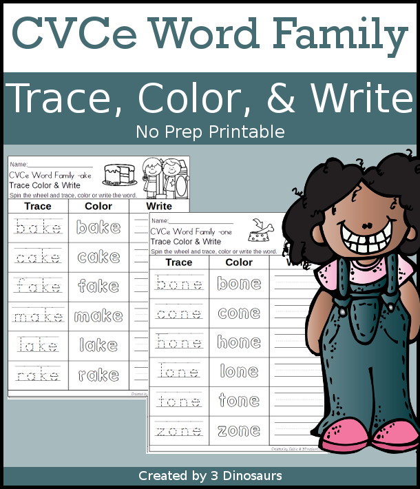 CVCe Word Family: Trace, Color and Write CVCe Words – 3 Dinosaurs