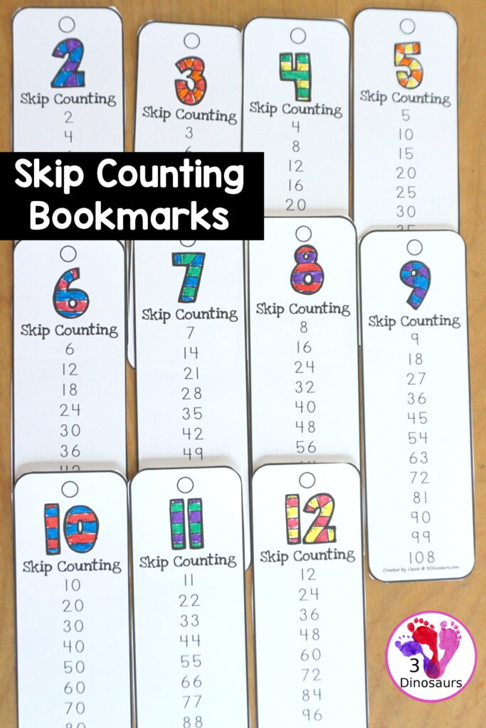 Free Skip Counting Bookmarks Printable – 3 Dinosaurs
