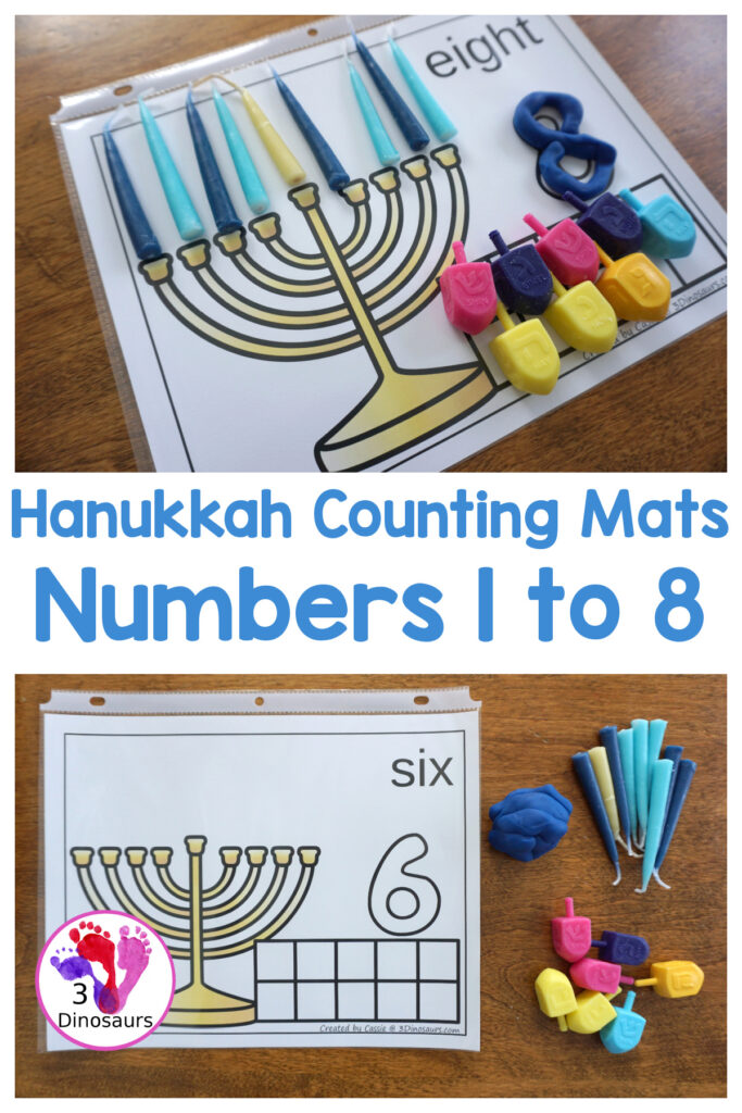 Free Fun Hands-On Hanukkah Counting Mats: Numbers 1 to 8 – 3 Dinosaurs
