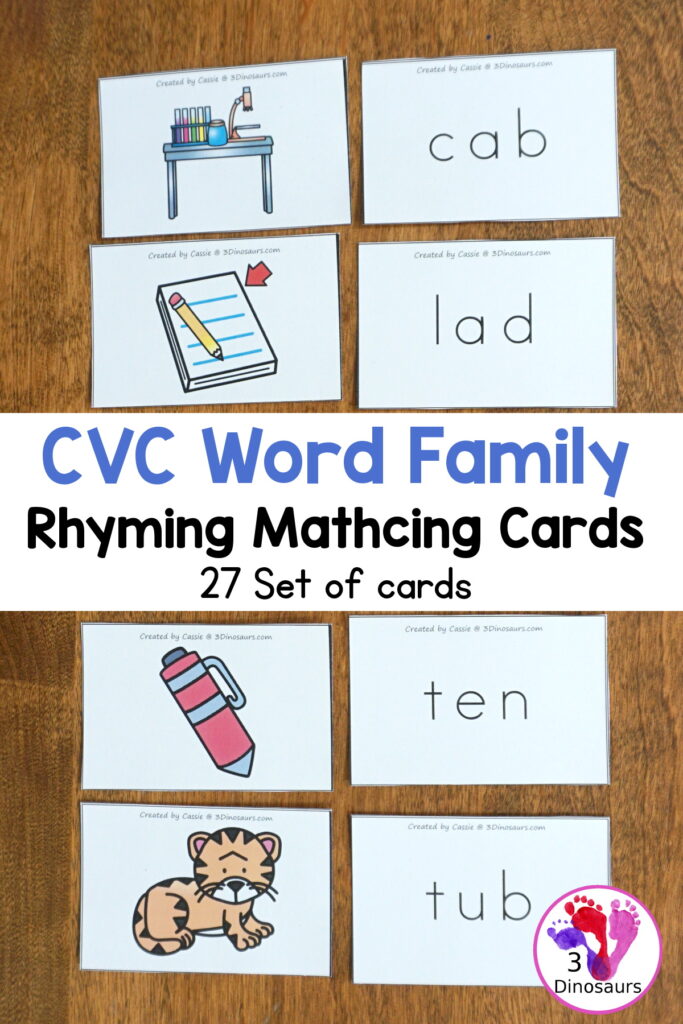 Free CVC Rhyming Matching Card Printables – 3 Dinosaurs
