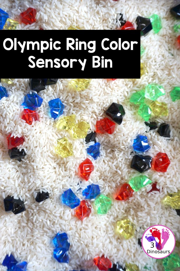 Olympic Flag Colors Sensory Bin – 3 Dinosaurs