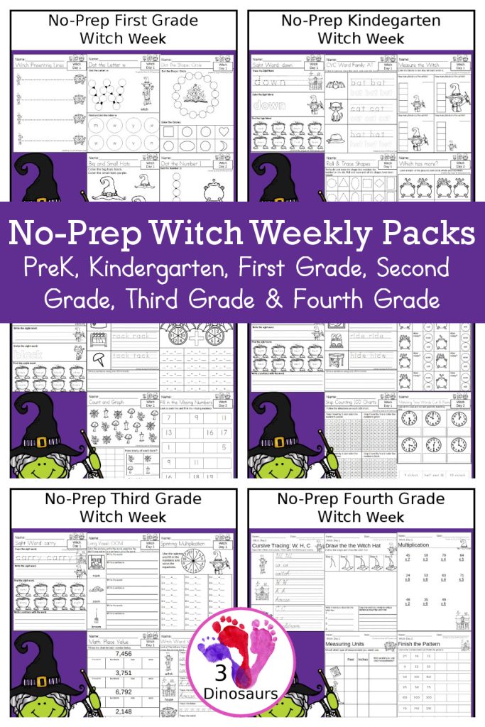No-Prep Witch Weekly Packs – Prek to Fourth Grade – 3 Dinosaurs
