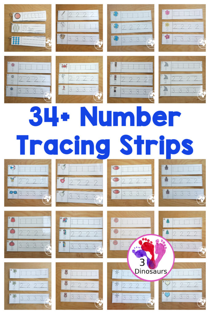 34+ Number Tracing Strip Printables with Numbers 0 to 20 – 3 Dinosaurs