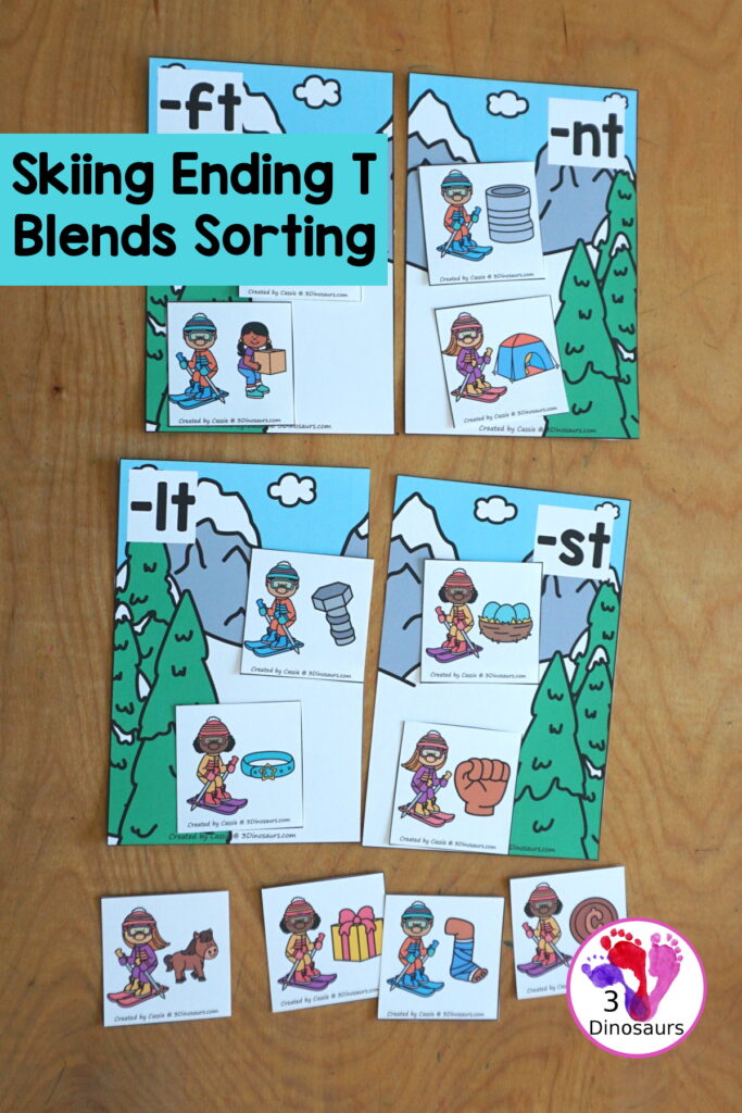 Free Skiing Ending T Blends Sorting Printable with CVCC Words – 3 Dinosaurs