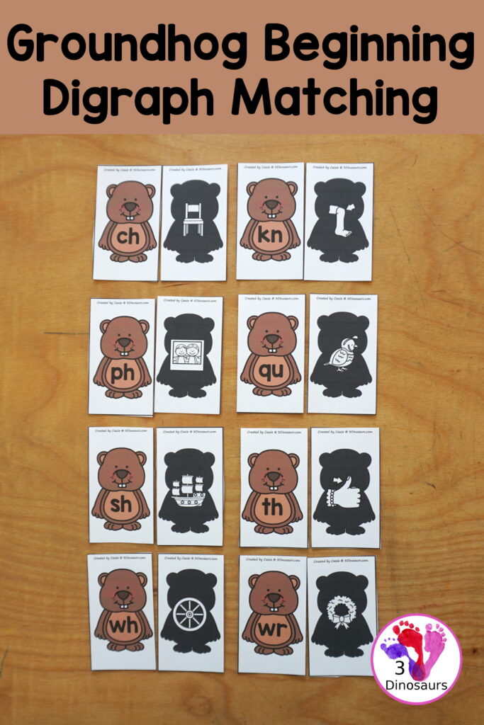 Free Groundhog Beginning Digraph Matching Printable – 3 Dinosaurs